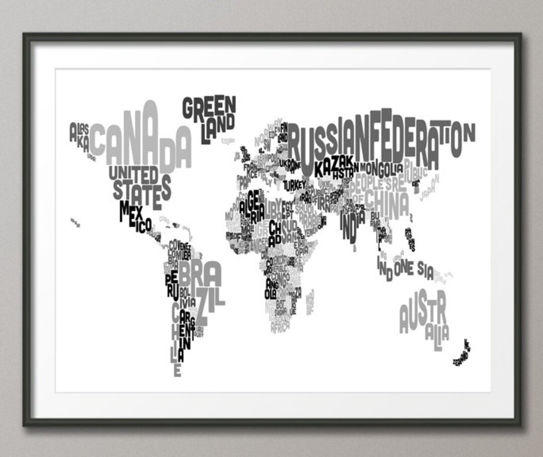 Typography Text Map of the World Map, Art Print 909 - Etsy