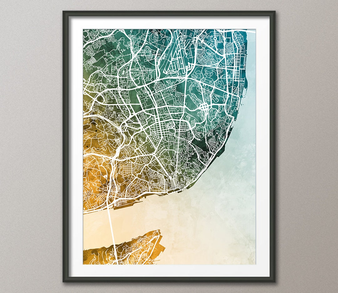 Lisbon Map, Portugal City Map, Watercolour Art Print Poster Teal Gold ...