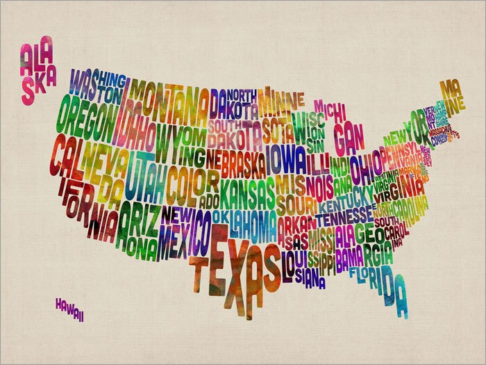 United States Typography Text Map Art Print 188 | Etsy