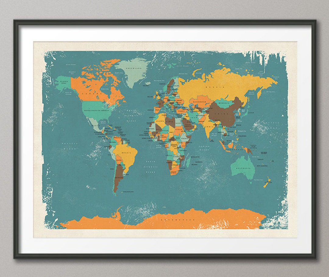 Retro Political Map of the World Map, Art Print, 18x24 up to 24x36 1096 ...