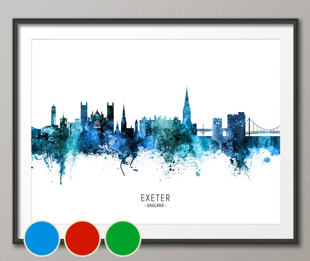 Exeter Skyline England, Cityscape Art Poster Print Blue Red Green 20687 ...
