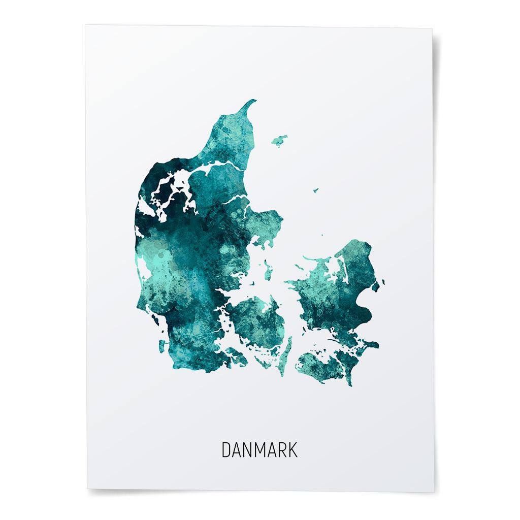 Danmark Map, Watercolour Painting Art Print Poster, Portrait - MX ...