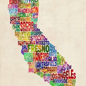 California Typography Text Map, Art Print (281) - Etsy