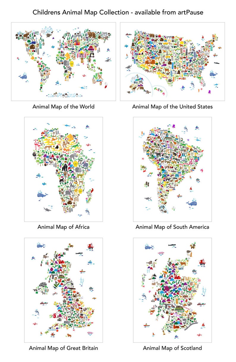 Animal Map of the World for Children and Kids, World Map, Art Print ...