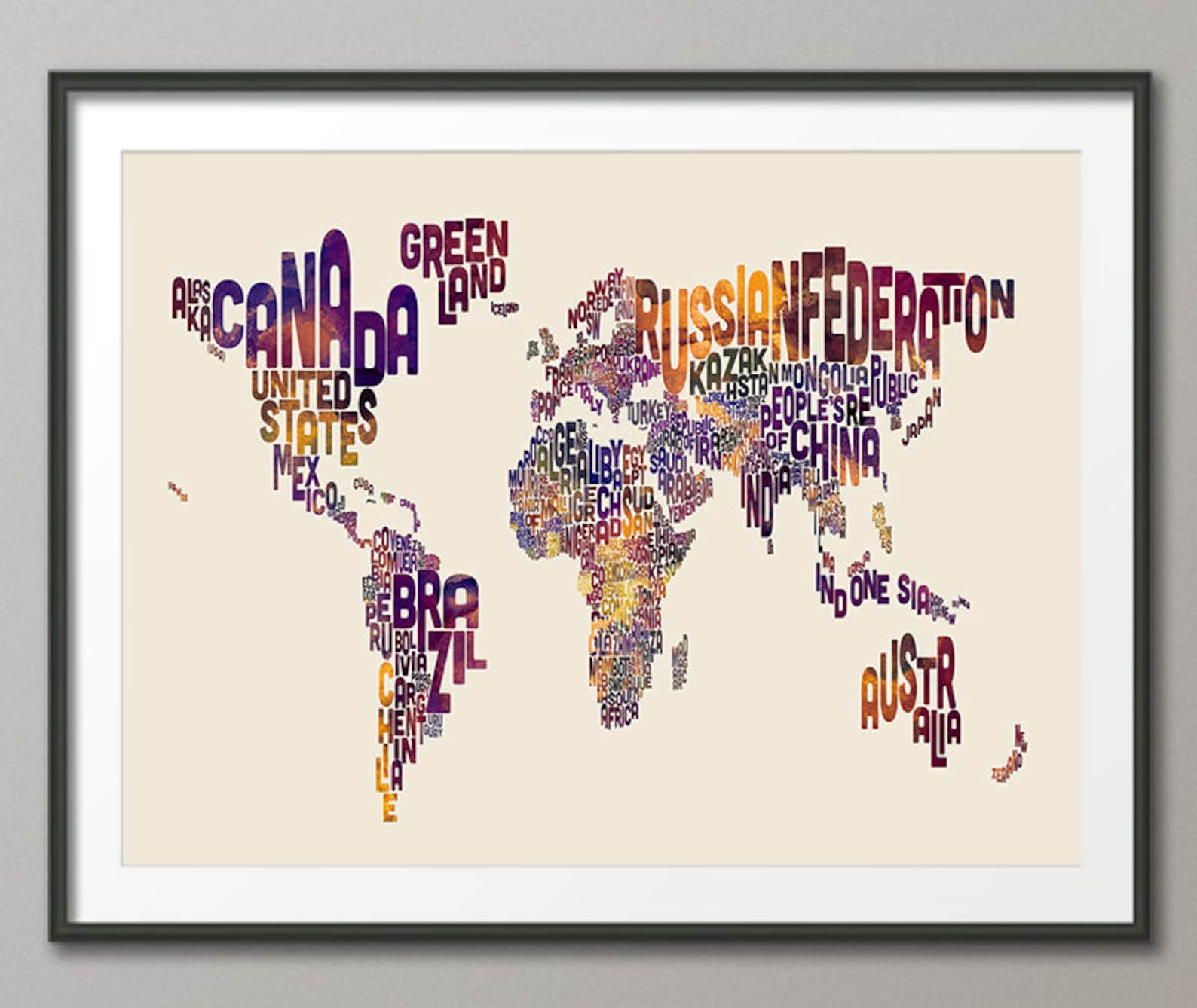 World Map Typography Typographic Text Map of the World Art | Etsy