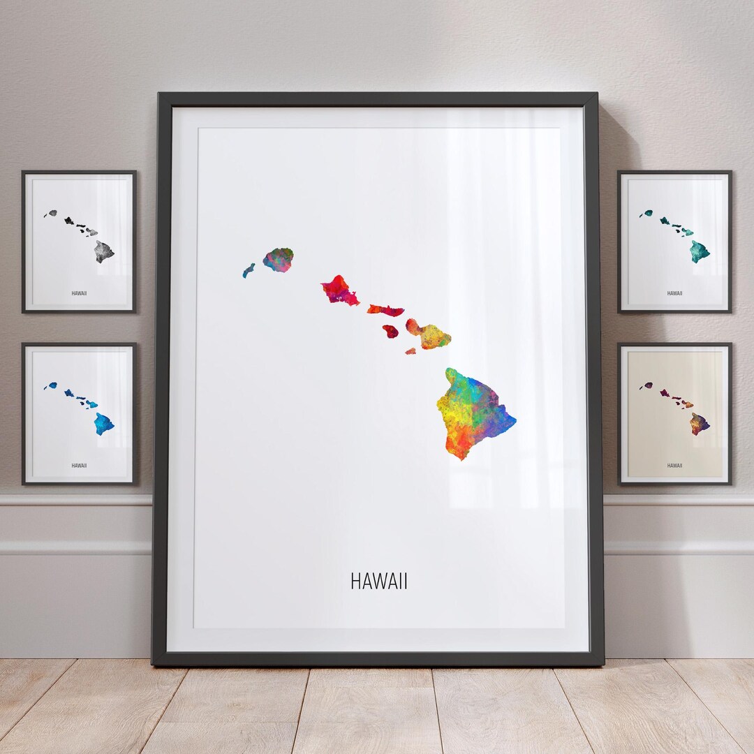 Hawaii Map, US State Watercolour Painting Art Print Poster, Portrait ...