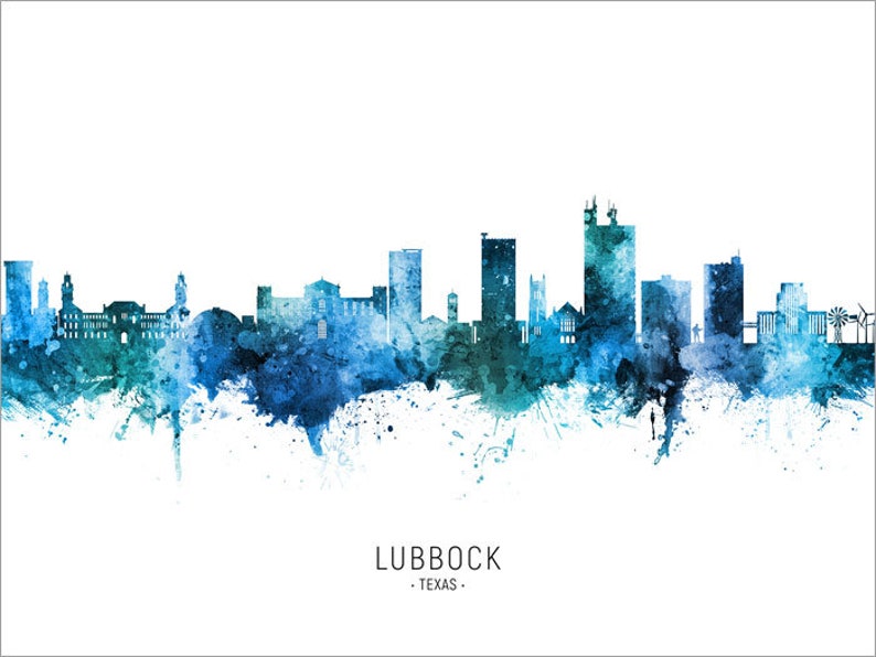 Lubbock Skyline Texas Cityscape Art Poster Print Blue Red | Etsy