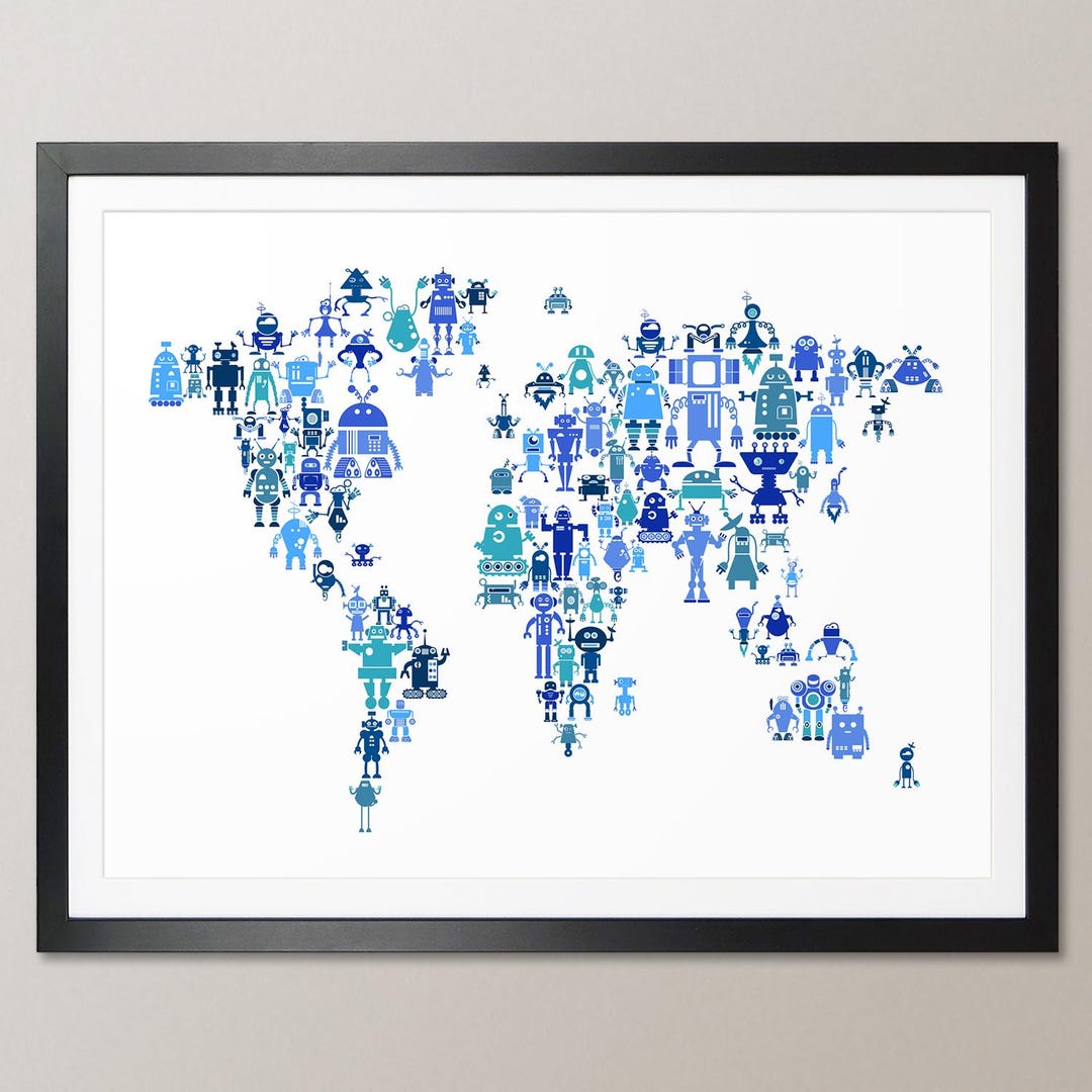 Robots Map of the World Map for Children and Kids, Art Print Poster ...