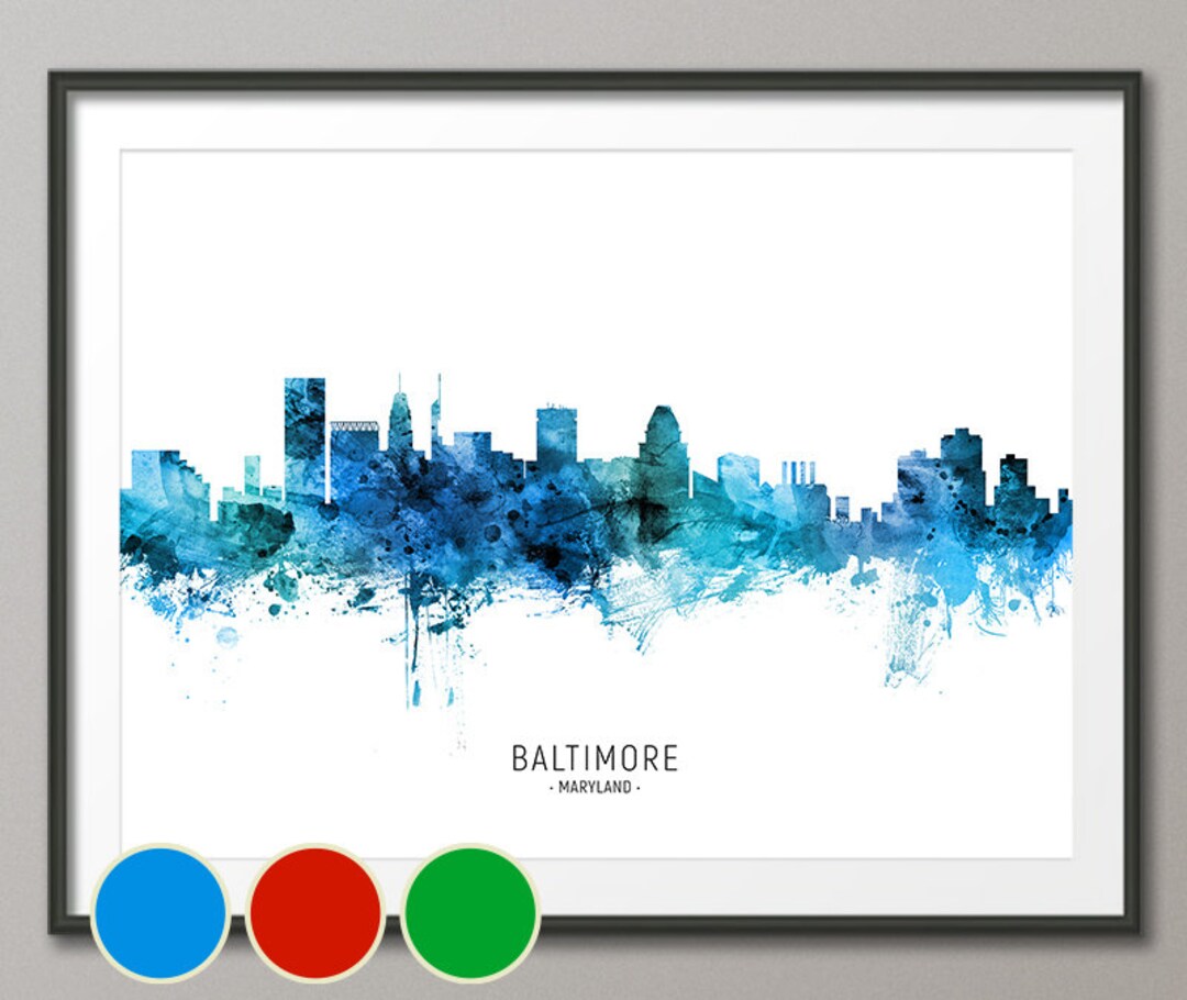 Baltimore Skyline Maryland, Cityscape Art Poster Print Blue Red Green ...