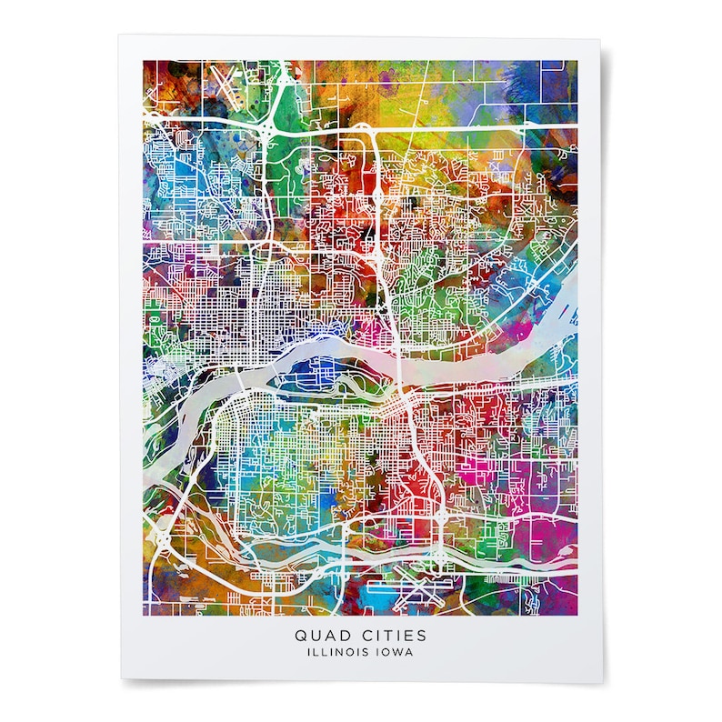 Quad Cities Map Illinois Iowa City Map Watercolour Art Print - Etsy
