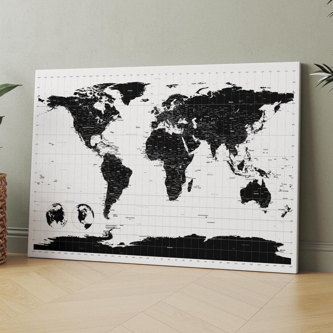 Political World Map Black White, 24x36 Inch Chunky Box Canvas, 50% off ...