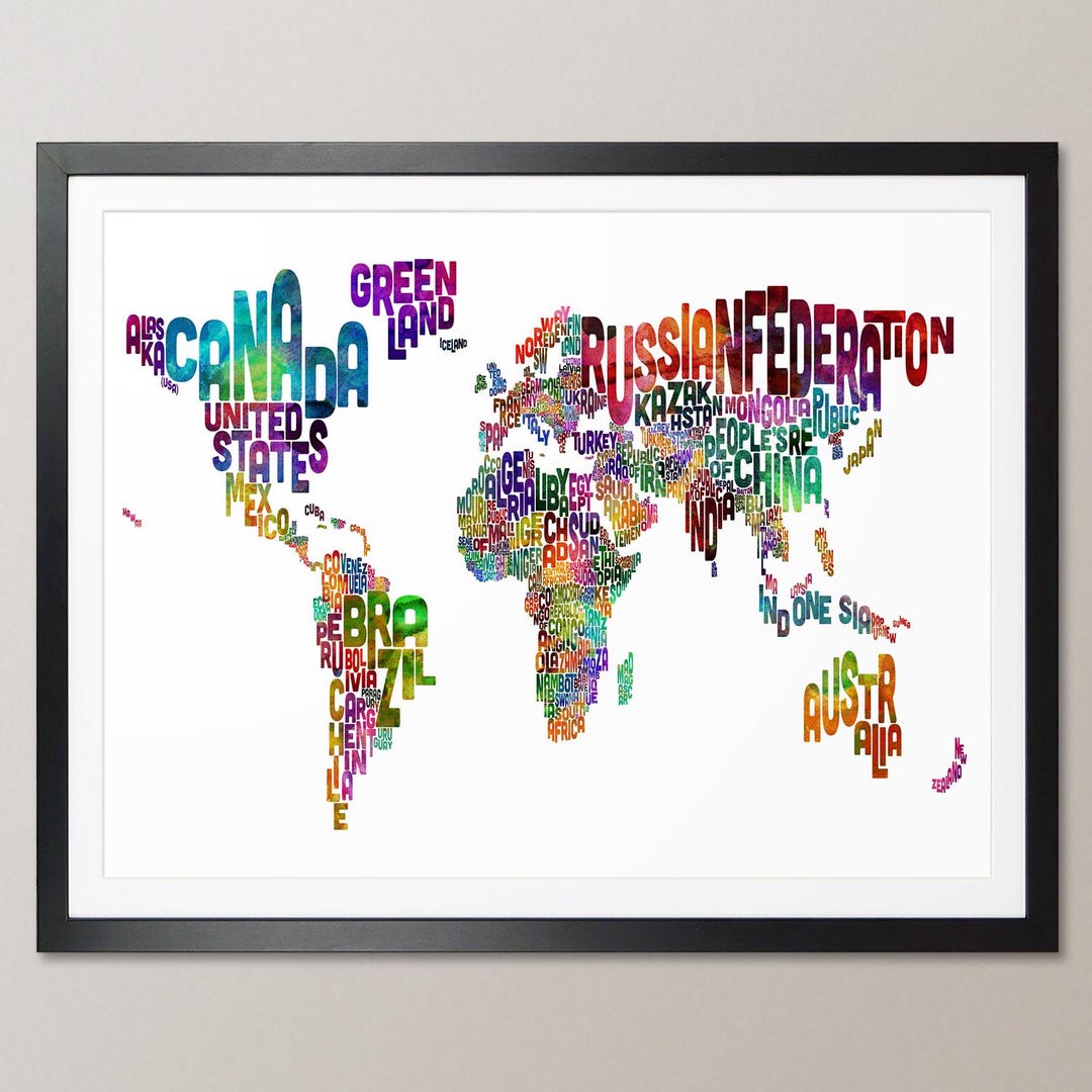 Typographic Text Map of the World Map, Art Print (175) - Etsy