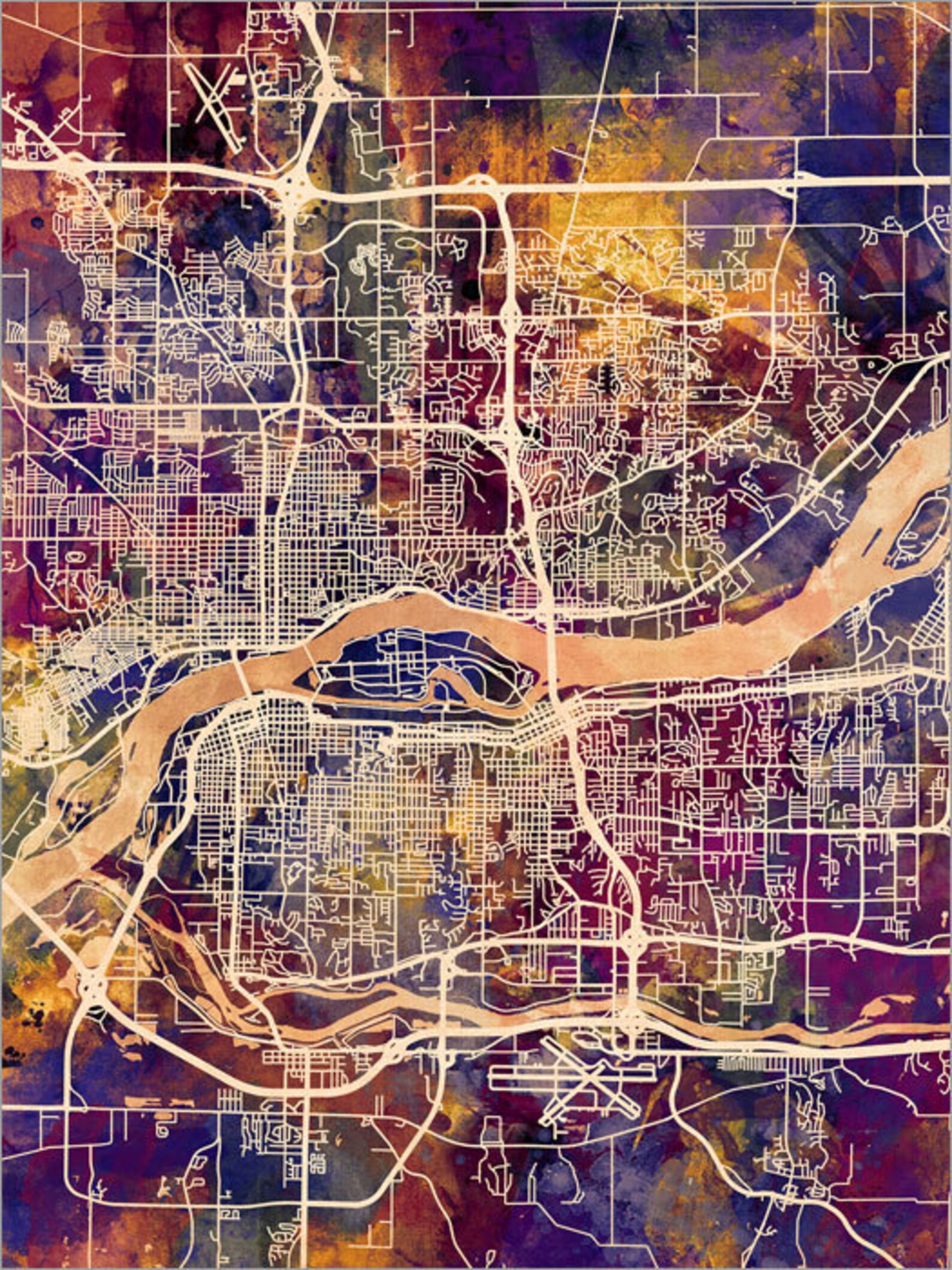 Quad Cities Map, Davenport, Bettendorf, Rock Island, Moline, Art Print ...