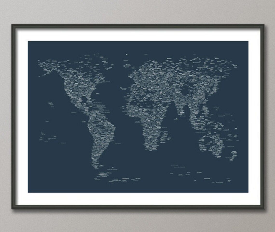 City Text Map of the World Map Art Print 24x36 Inch 768 | Etsy