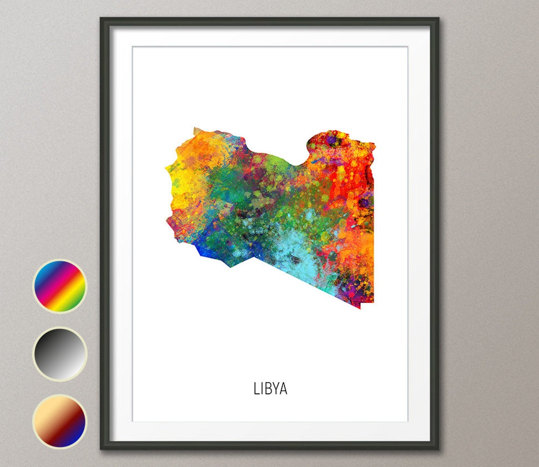 Libya Map, Watercolour Art Print Poster, Colour, Black White, Beige ...