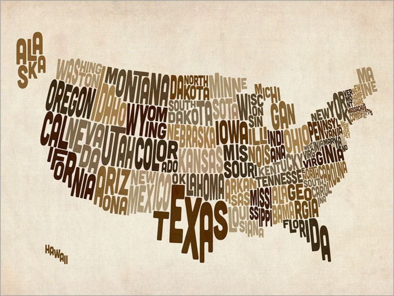 United States Typography Text Map Art Print 195 - Etsy United States Typography Text Map Art Print 195 - Etsy