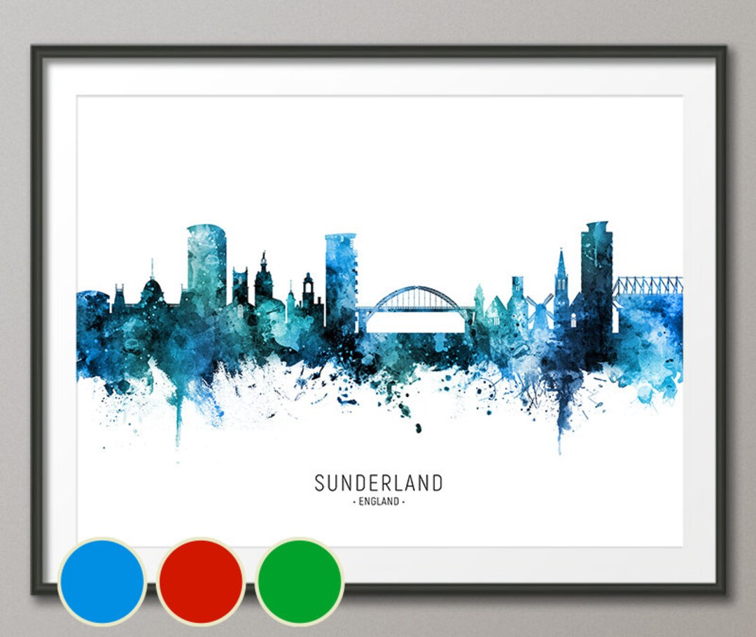 Sunderland Skyline England, Cityscape Art Poster Print Blue Red Green ...