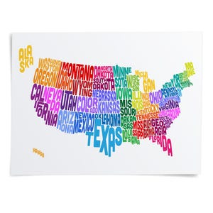 United States Typography Text Map, Art Print (209) - Etsy