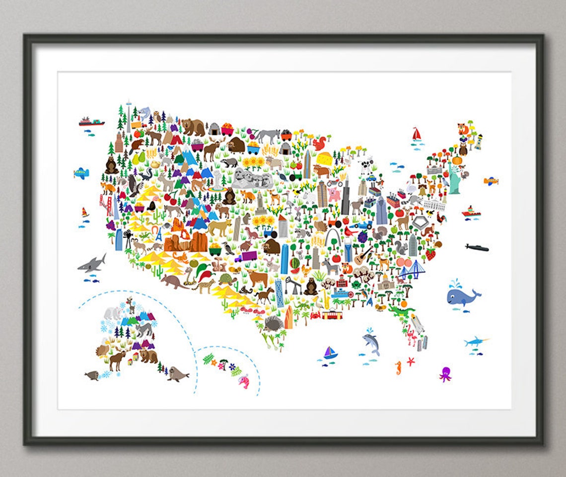 Animal Map of the United States Map for children and kids | Etsy