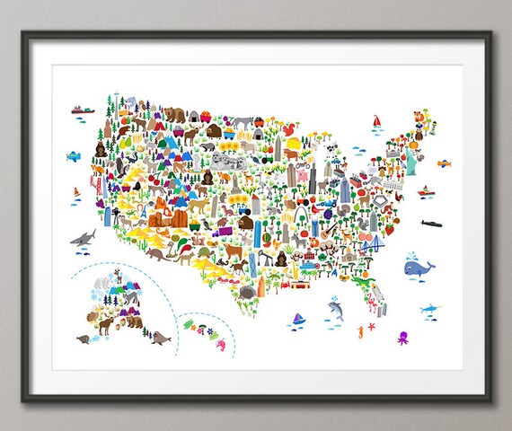 Animal Map of the United States Map for children and kids | Etsy