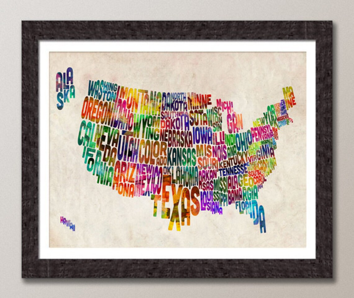 Typographic United States Map Text Art Print 888 - Etsy