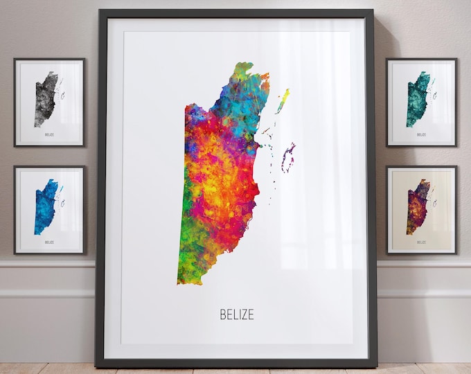 Belize Map - Country Map of Belize - Art Print Watercolor Illustration ...