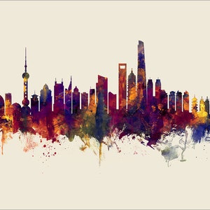 Shanghai Skyline China, Cityscape Painting Art Print Poster LS 14987 - Etsy