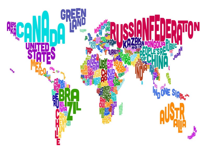 Typographic Text Map of the World Map Art Print 891 - Etsy