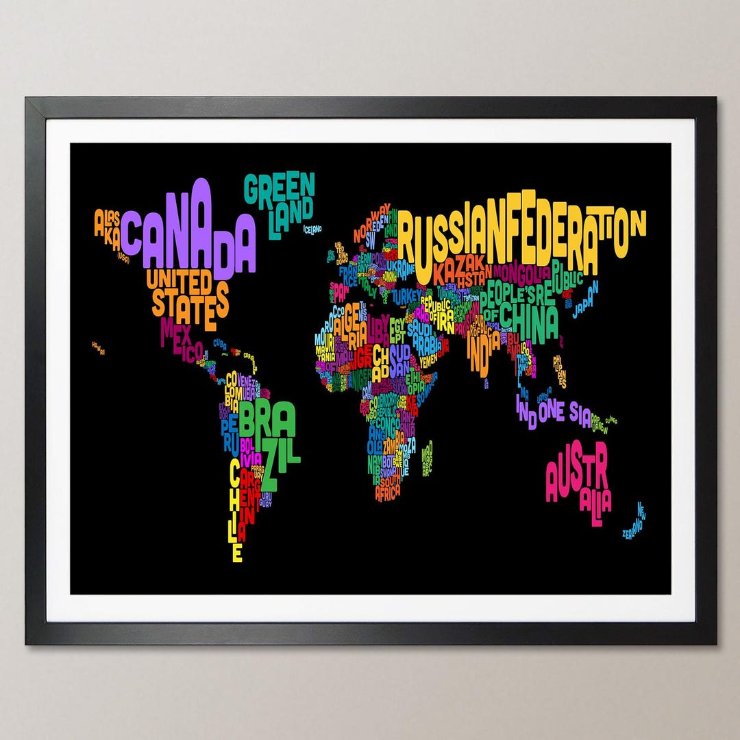 Typographic Text Map of the World Map, Art Print (606) - Etsy UK