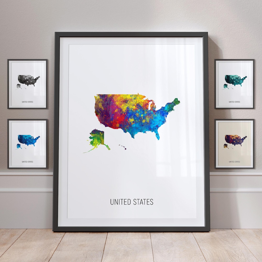 United States Map, Watercolour Painting Art Print Poster, Portrait - MX ...