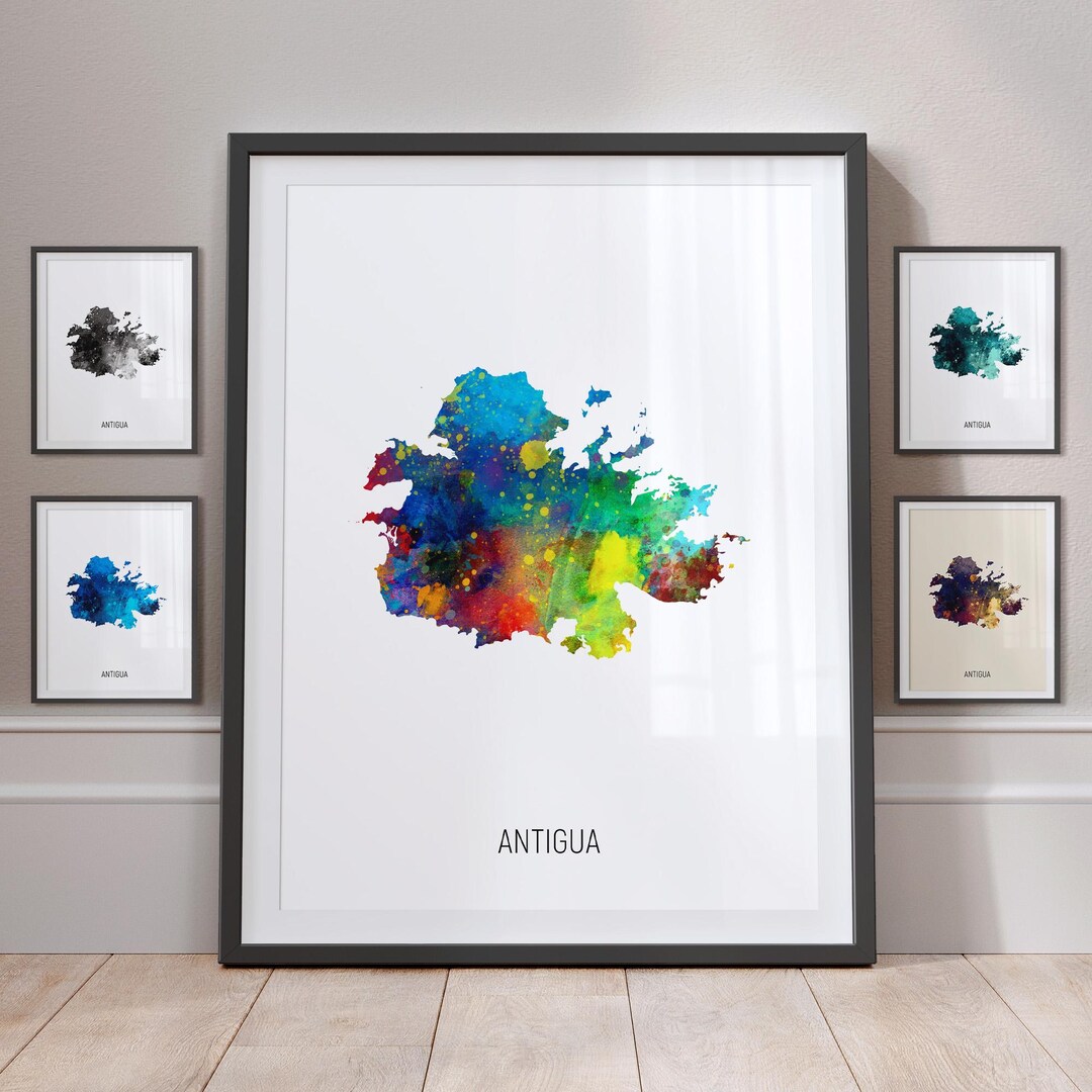 Antigua Map, Watercolour Painting Art Print Poster, Portrait - MX ...