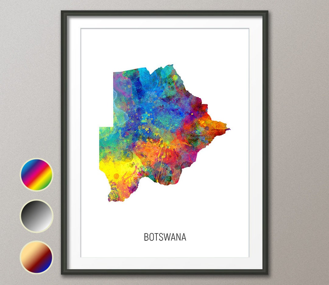 Botswana Map, Watercolour Art Print Poster, Colour, Black White, Beige ...
