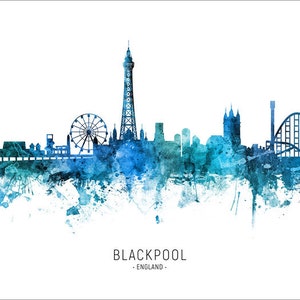 Blackpool Skyline England, Cityscape Art Poster Print Blue Red Green ...