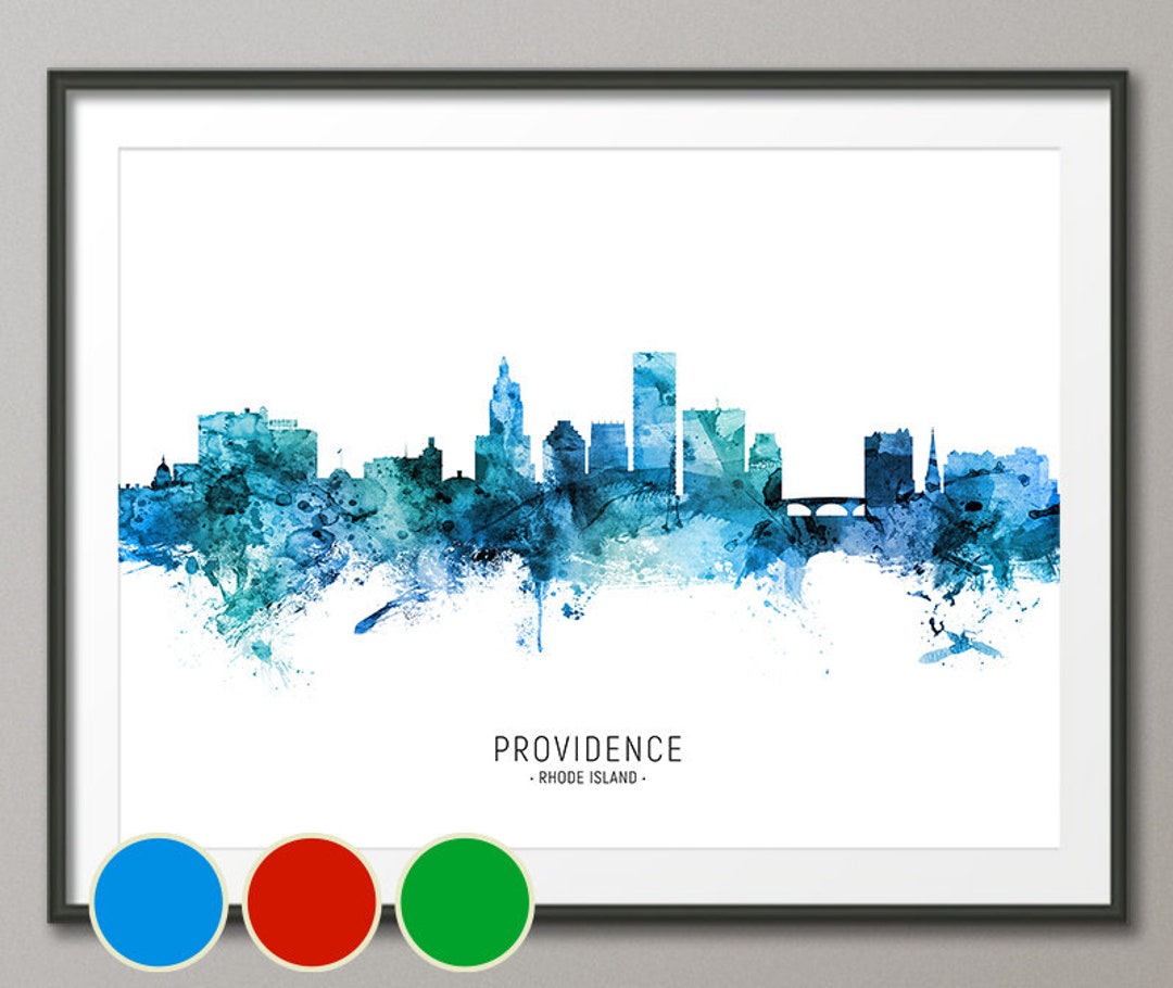 Providence Skyline Rhode Island, Cityscape Art Poster Print Blue Red ...