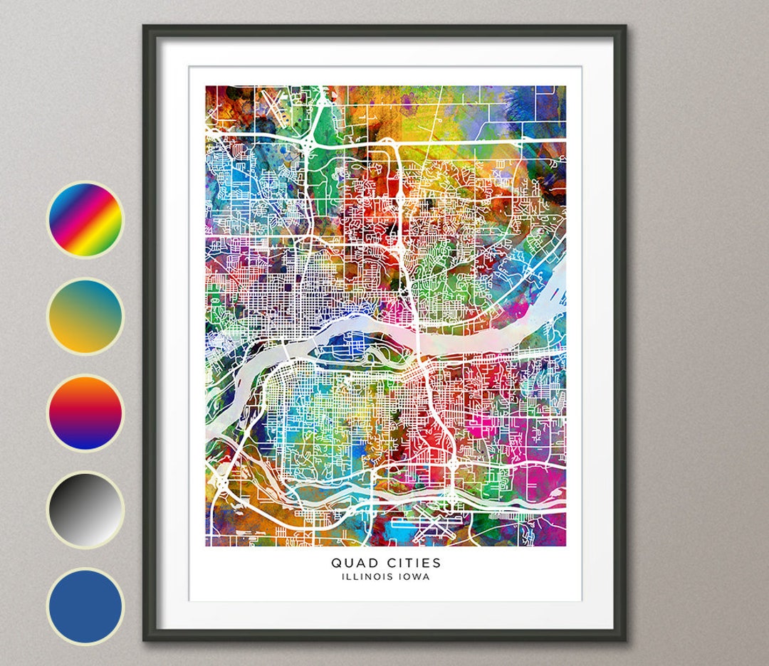 Quad Cities Map, Illinois Iowa City Map, Watercolour Art Print Poster ...