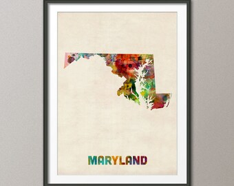 Maryland Map USA Watercolor Art Print Maryland Ink Splash Map Poster ...