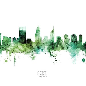 Perth Skyline Australia, Cityscape Art Poster Print Blue Red Green ...