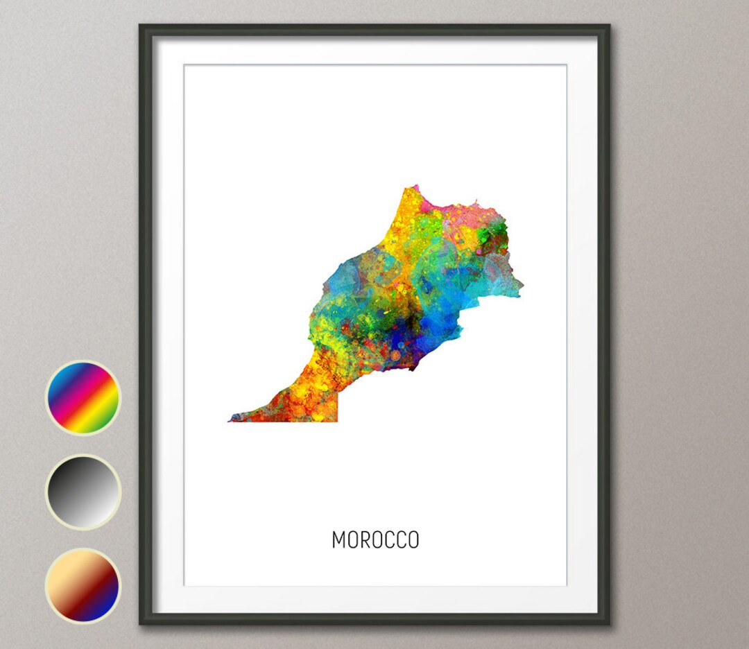Morocco Map, Watercolour Art Print Poster, Colour, Black White, Beige ...