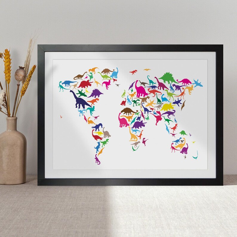 Dinosaur Map of the World, for Children and Kids, World Map Art Print ...