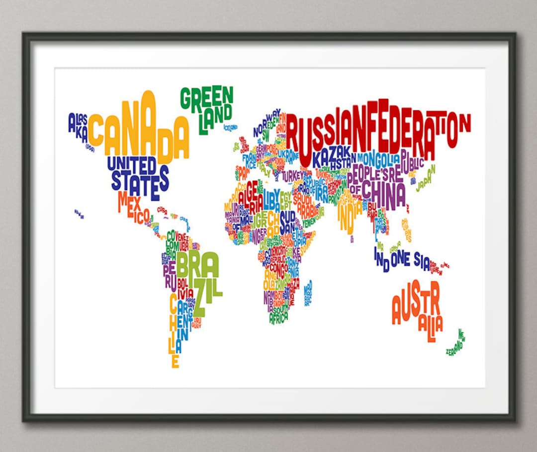 Typography Text Map of the World Map, Art Print (1373) - Etsy UK