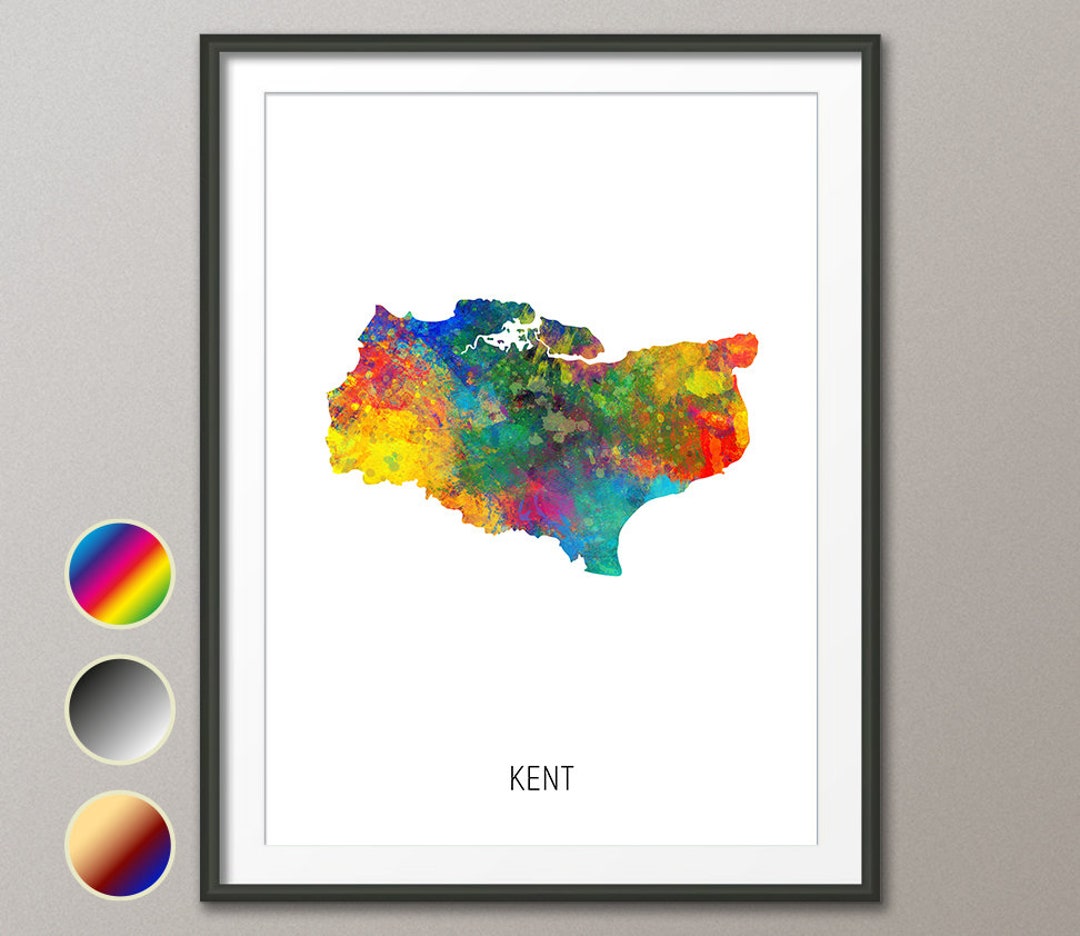 Kent Map, Watercolour Art Print Poster, Colour, Black White, Beige ...