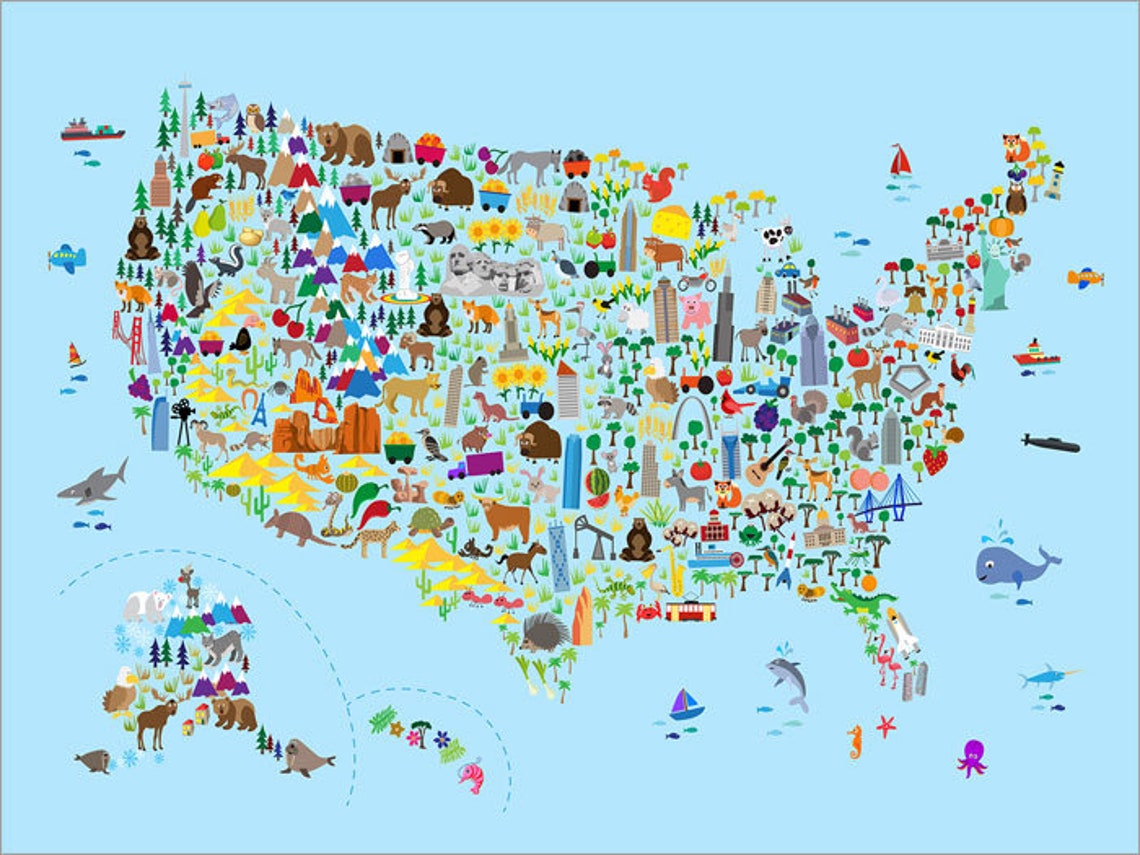 Animal Map of the United States Map for Children and Kids - Etsy UK