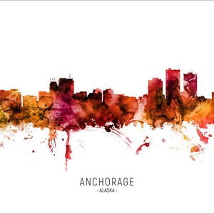 Anchorage Skyline Alaska, Cityscape Art Poster Print Blue Red Green ...