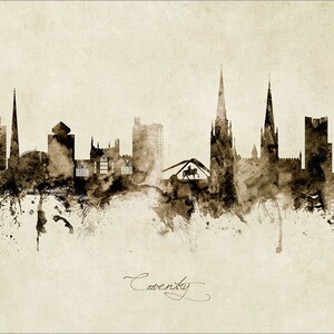 Coventry Skyline England, Cityscape Art Print Poster Vintage Sepia ...