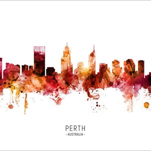 Perth Skyline Australia, Cityscape Art Poster Print Blue Red Green ...