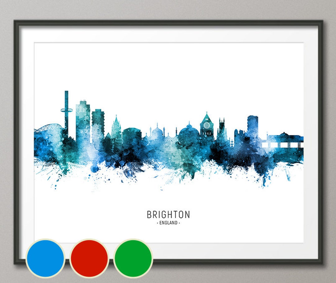 Brighton Skyline England, Cityscape Art Poster Print Blue Red Green ...