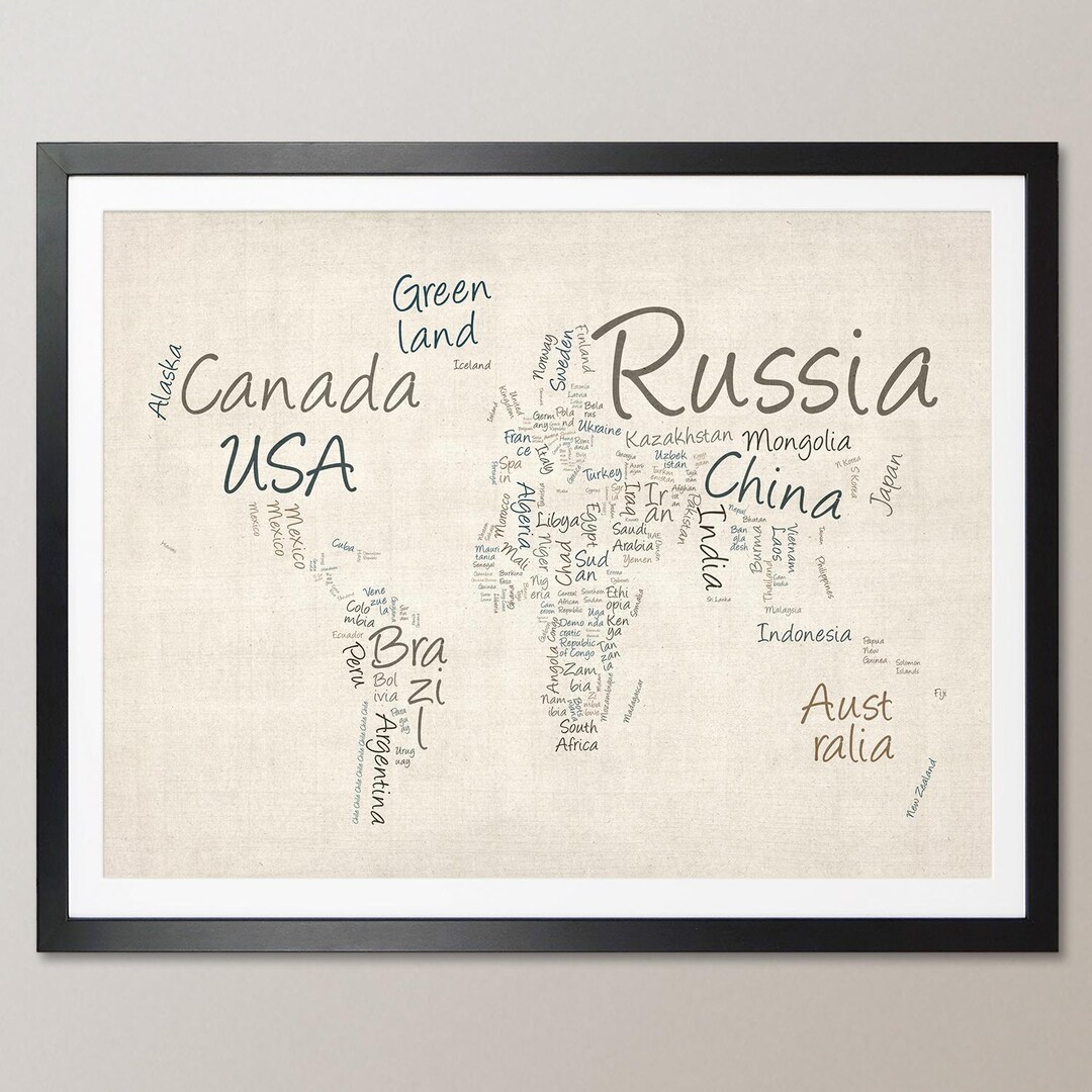 Writing Text Map of the World Map, Art Print (362) - Etsy UK