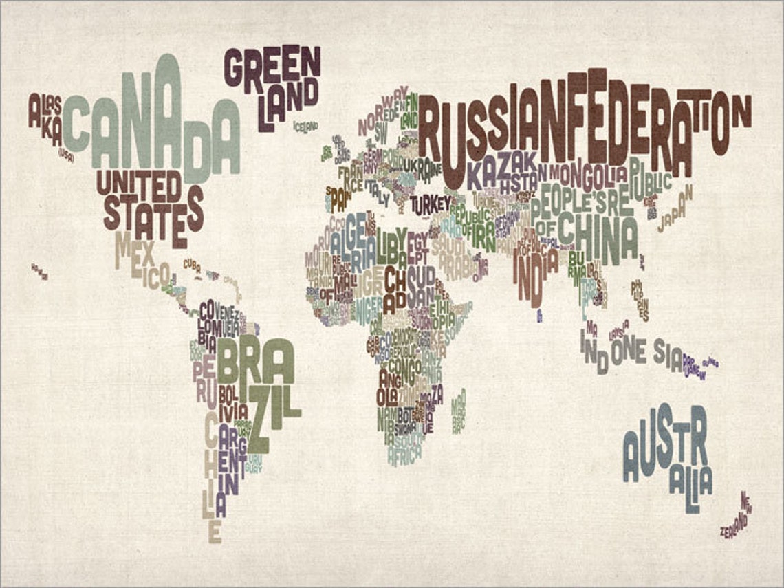 Typographic Text Map of the World Map Art Print 782 | Etsy