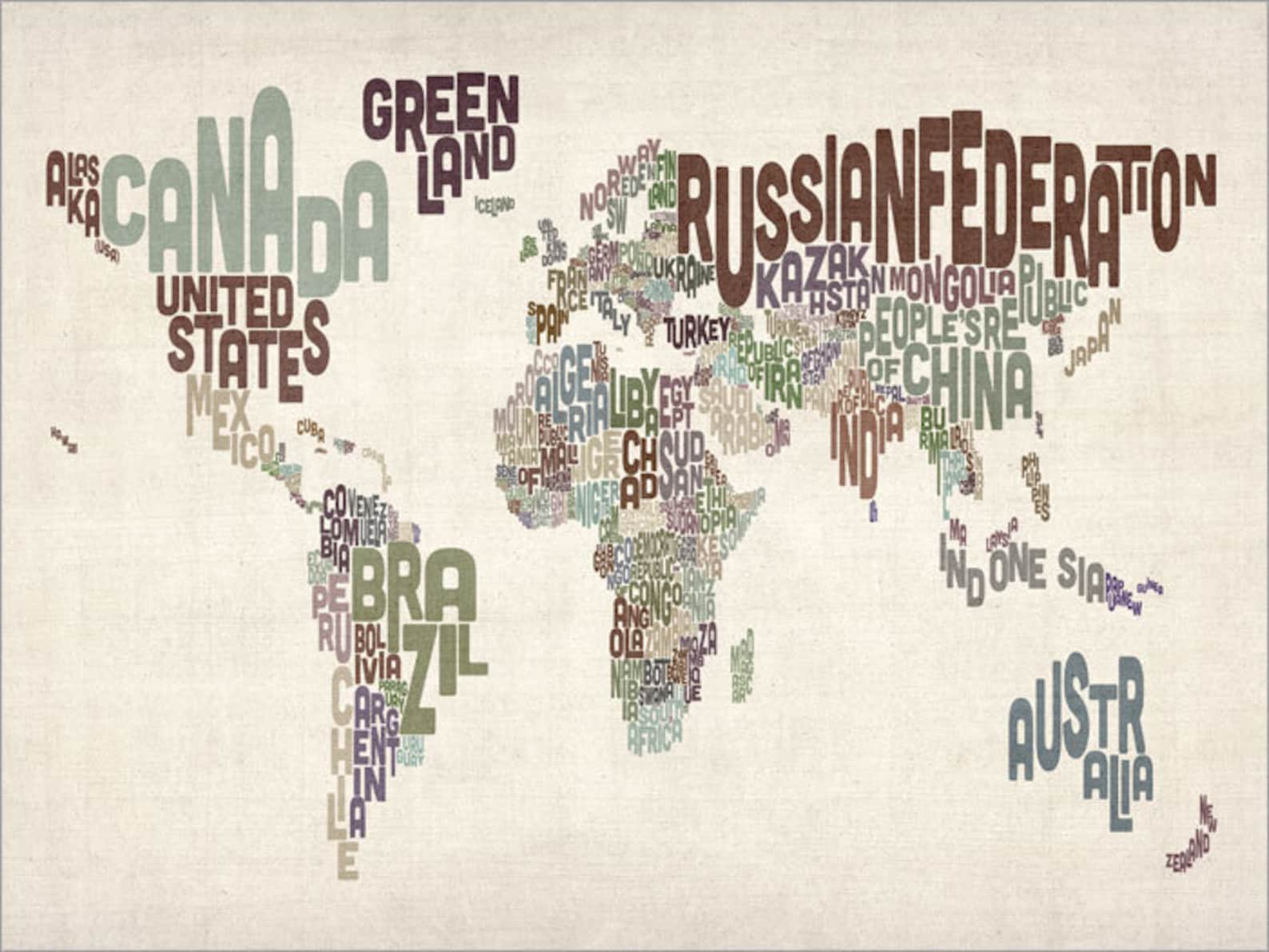 Typographic Text Map of the World Map Art Print 782 | Etsy