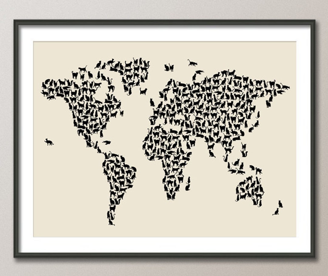 Mapa de gatos del mapa mundial, impresión de arte 182 - Etsy España